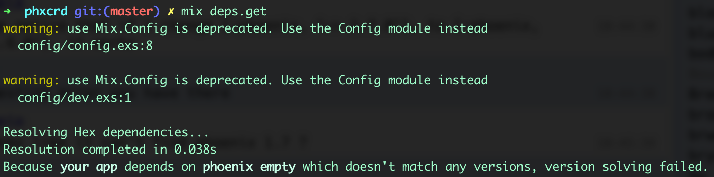 Getting a weird error message in Mix i've not see before. "Because your app depends on XXX empty ...